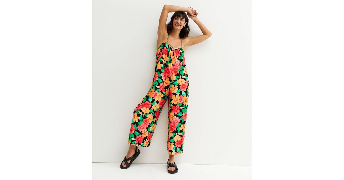 Red Floral Strappy Oversized Crop Jumpsuit | New Look