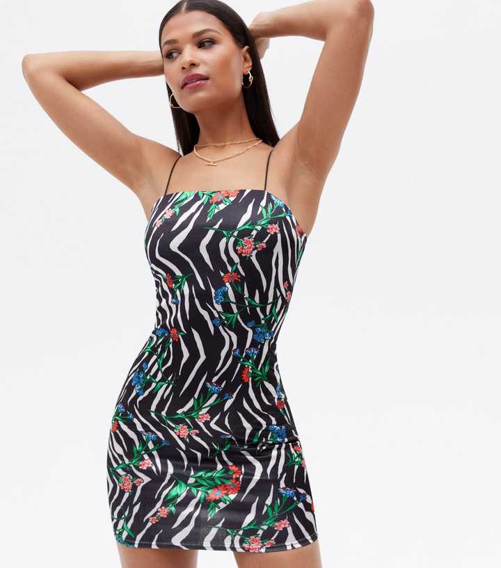 Green Zebra Print Satin Strappy Mini Bodycon Dress | New Look