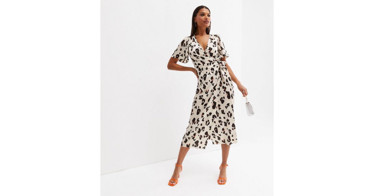 White Leopard Print Satin Midi Wrap Dress | New Look