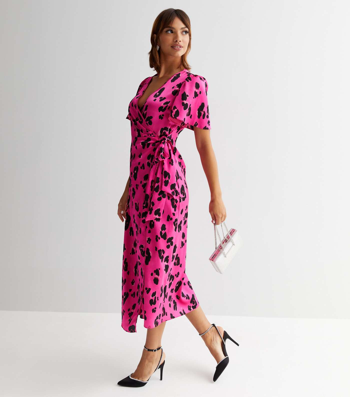Pink Leopard Print Satin Midi Wrap Dress New Look