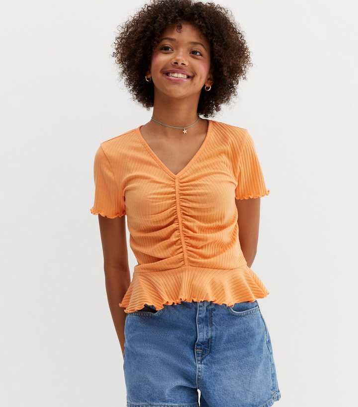 Girls Bright Orange Ribbed Ruched Peplum Top | New Look