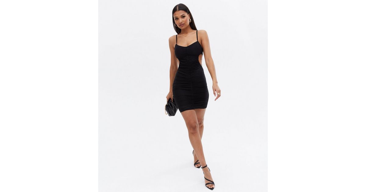 Black Mesh Ruched Cut Out Bodycon Mini Dress | New Look