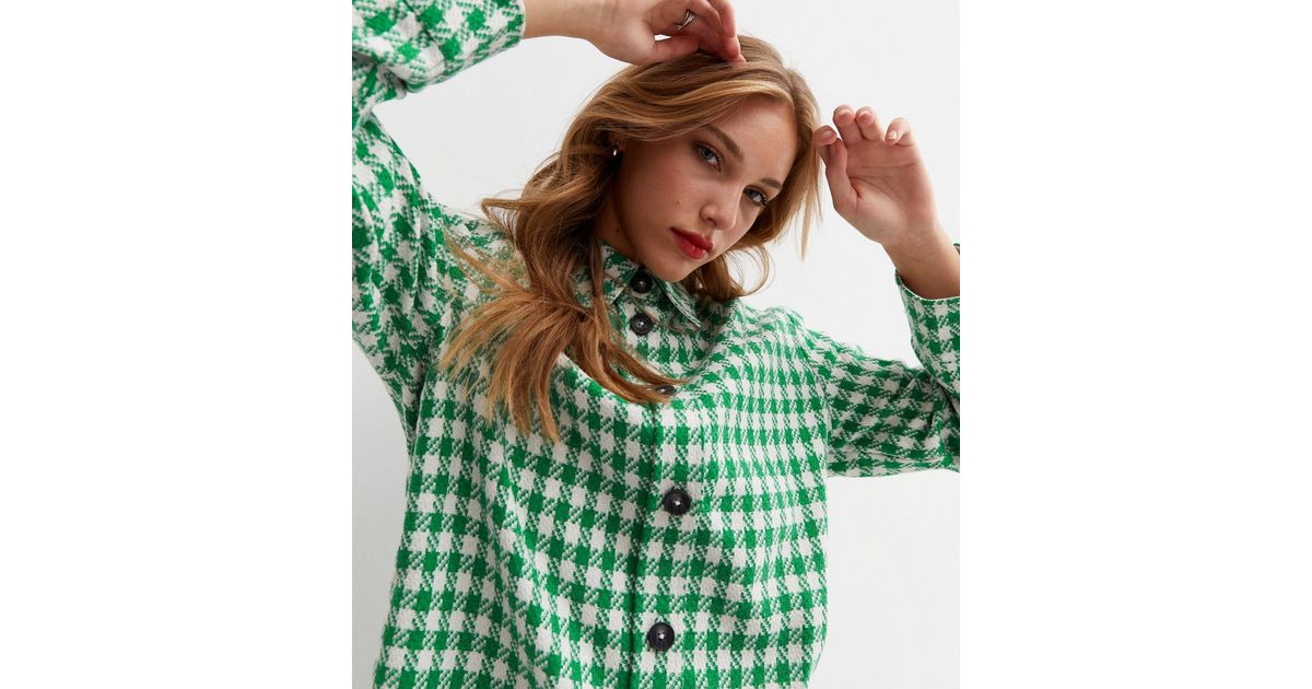 Green Dogtooth Bouclé Oversized Shirt | New Look
