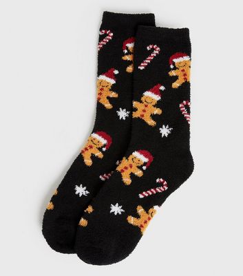 Black Christmas Gingerbread Fluffy Socks | New Look