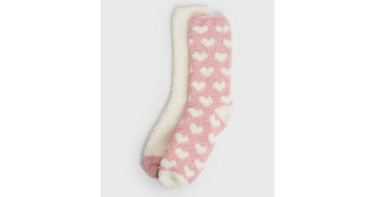 2 Pack Cream and Heart Fluffy Socks | New Look