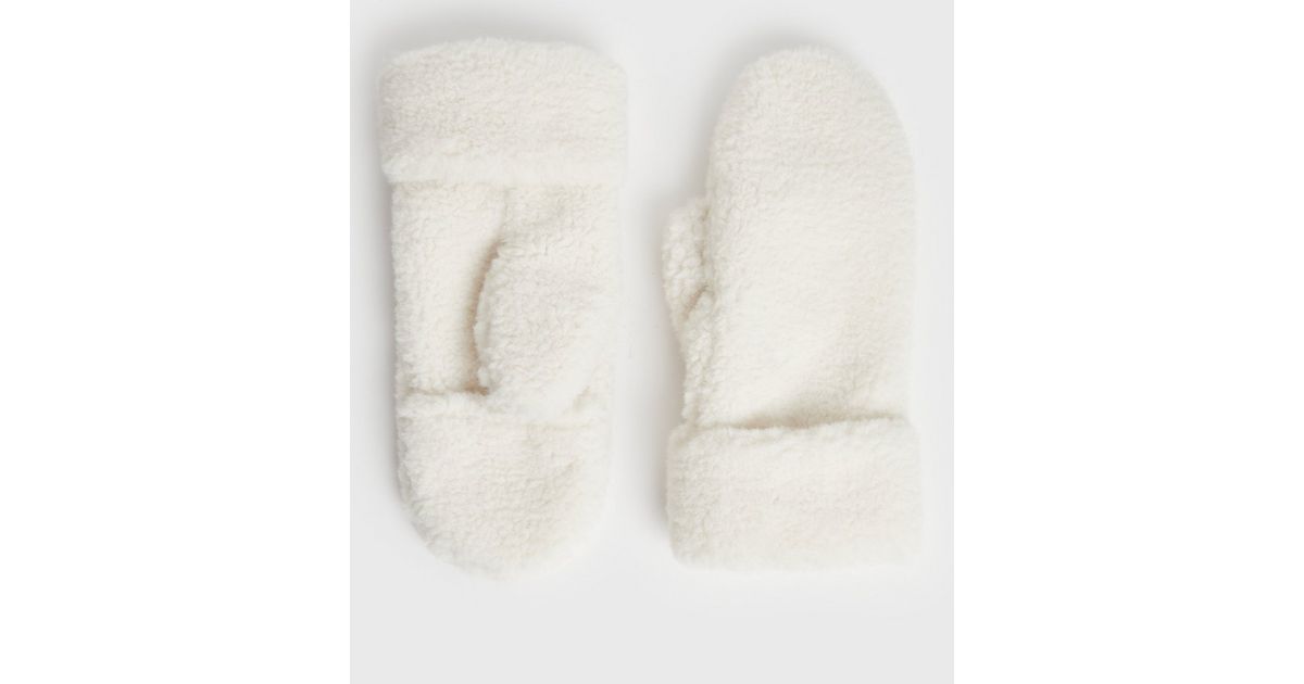 Cream Teddy Mittens | New Look