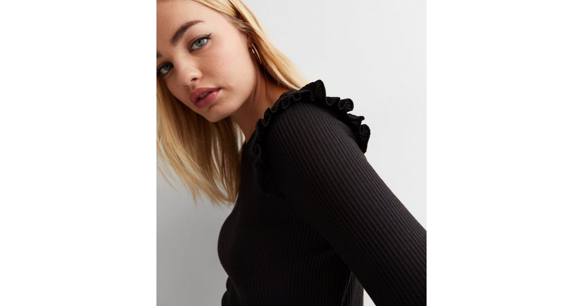 Black Ribbed Knit Frill Long Sleeve Top | New Look