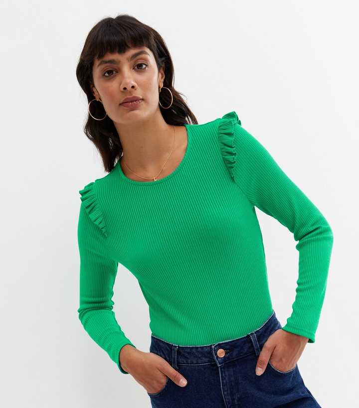 Green Ribbed Knit Frill Long Sleeve Top | New Look