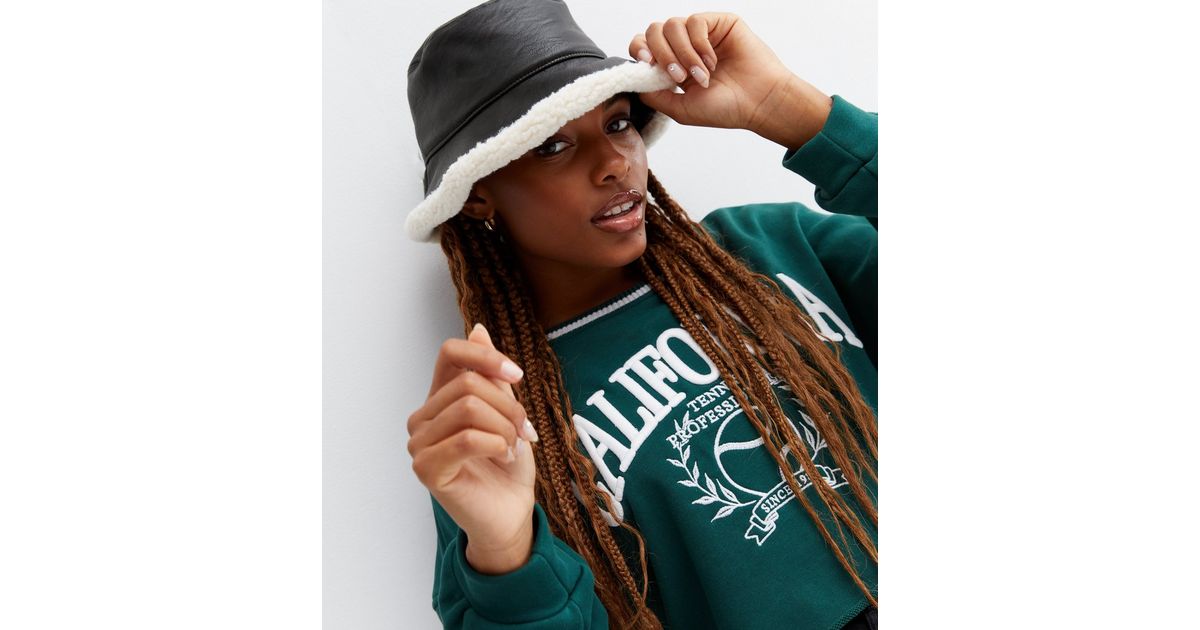 Black Leather Look Borg Trim Bucket Hat New Look