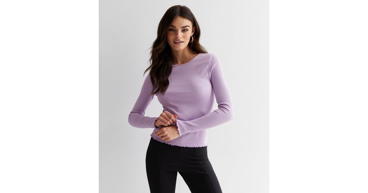 Lilac Ribbed Frill Long Sleeve Top | New Look