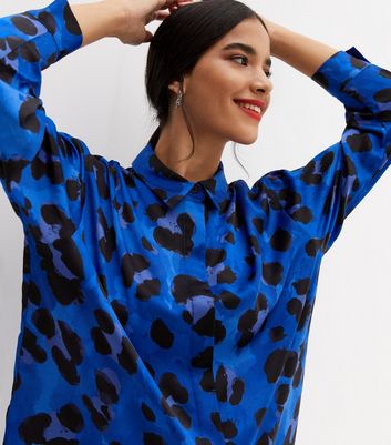 Blue Leopard Print Satin Oversized Shirt | New Look