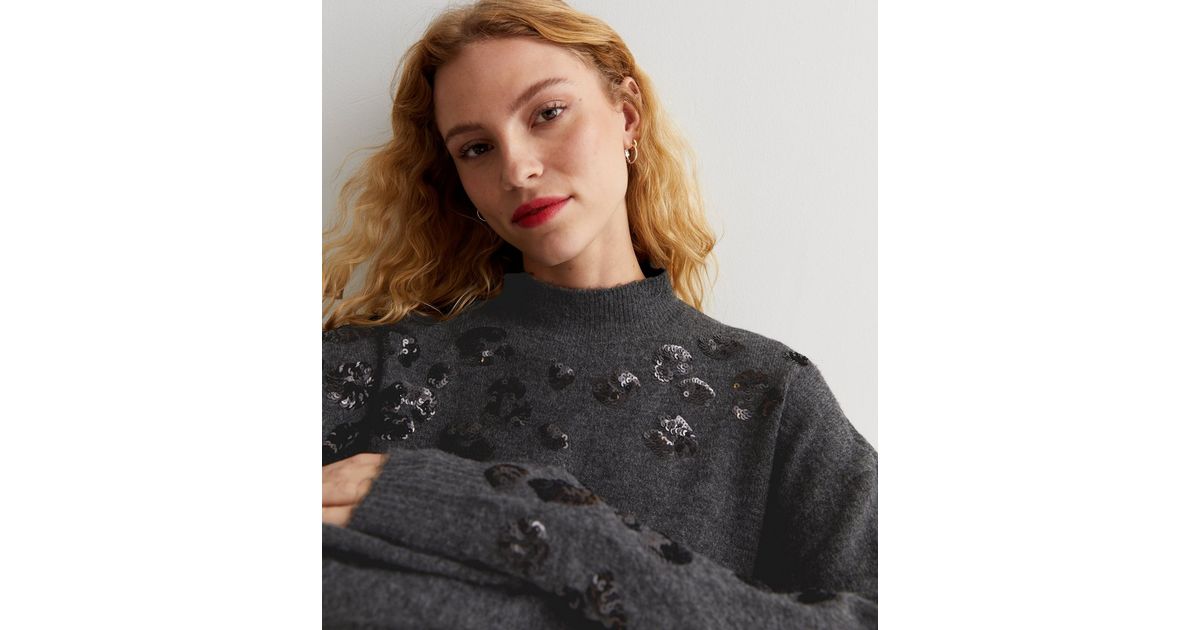 Dark Grey Animal Sequin Embellished Knit Long Hem Jumper | New Look