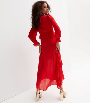 Red Chiffon Tiered Ruffle Long Sleeve Midi Dress New Look