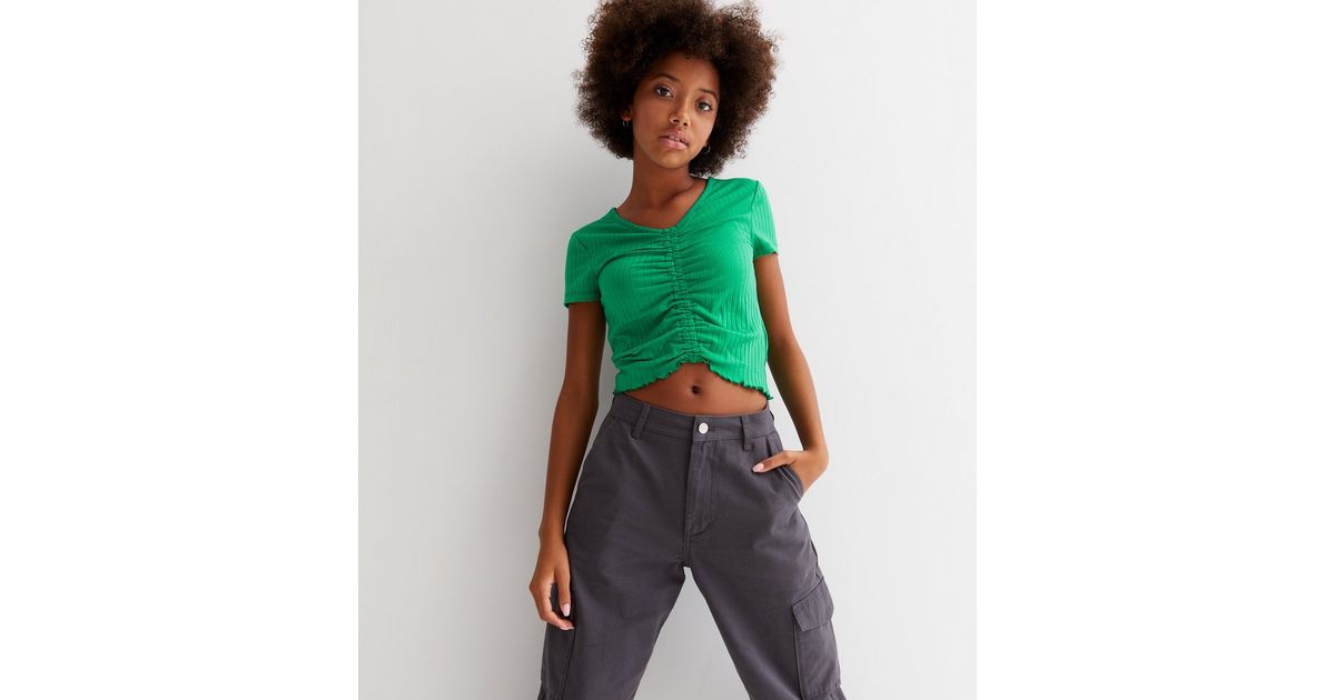 Girls Green Ribbed Ruched Frill Hem Top | New Look
