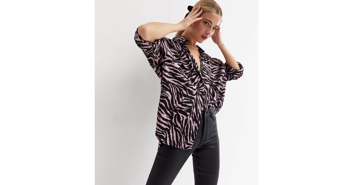 Purple Zebra Print Satin Oversized Shirt | New Look