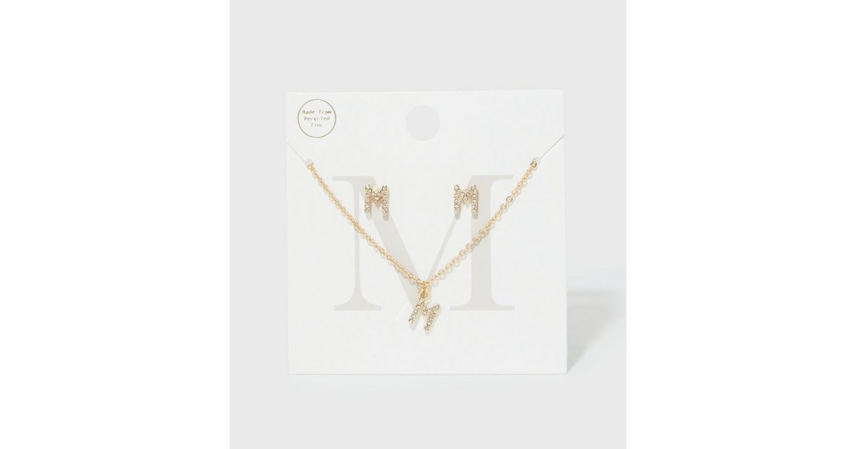 Gold M Initial Earrings and Necklace Gift Set | New Look