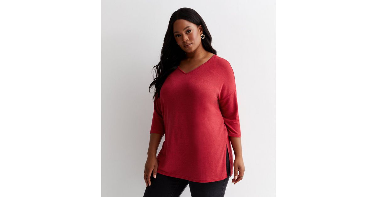Curves Red Fine Knit Long V Neck Top | New Look