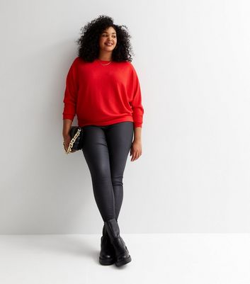 Curves Red Ribbed Fine Knit Batwing Top | New Look