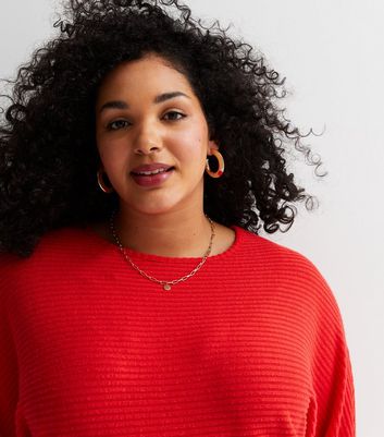 Curves Red Ribbed Fine Knit Batwing Top | New Look