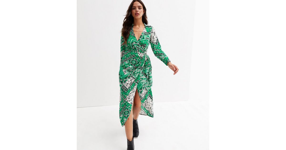 Green Tile Print Long Sleeve Midi Wrap Dress | New Look