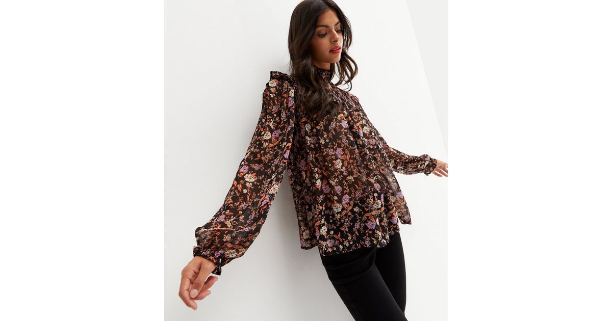 Black Floral Chiffon High Neck Blouse | New Look