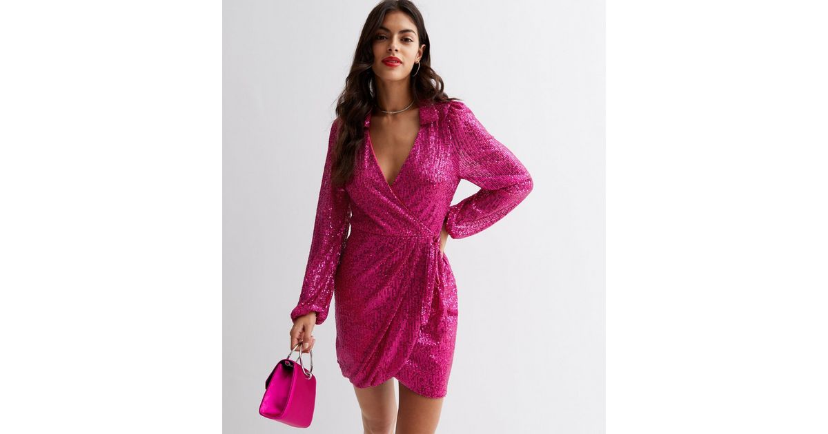 Bright Pink Sequin Collared Long Sleeve Mini Wrap Dress | New Look