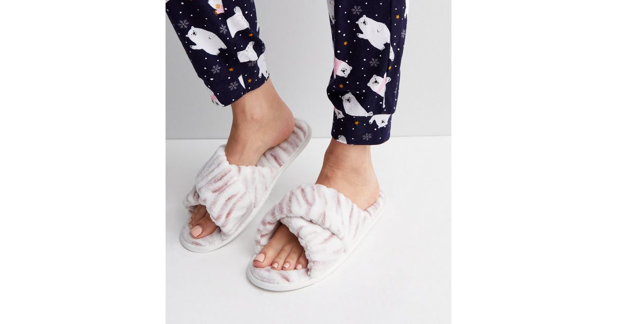 Pink Fluffy Zebra Print Slippers | New Look