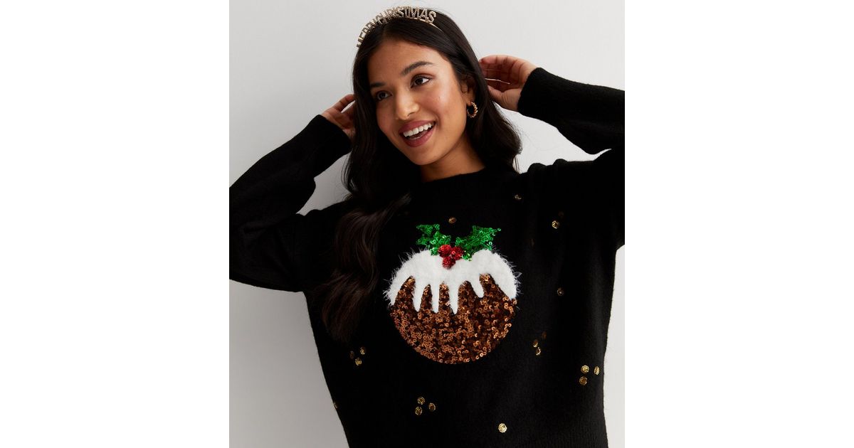 Petite Black Sequin Embellished Christmas Pudding Jumper | New Look