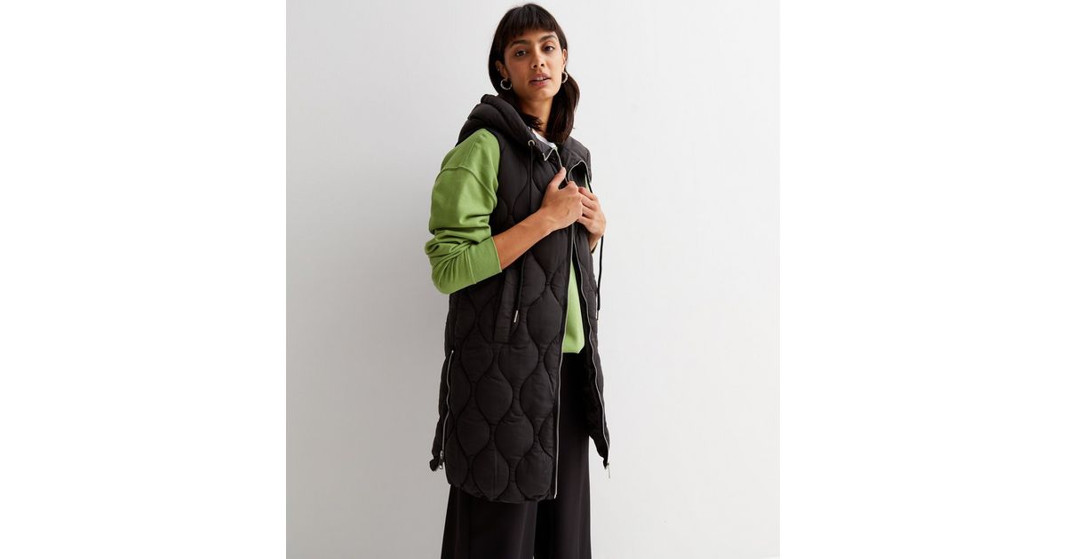 Blue Vanilla Black Wave Quilted Long Hooded Gilet | New Look