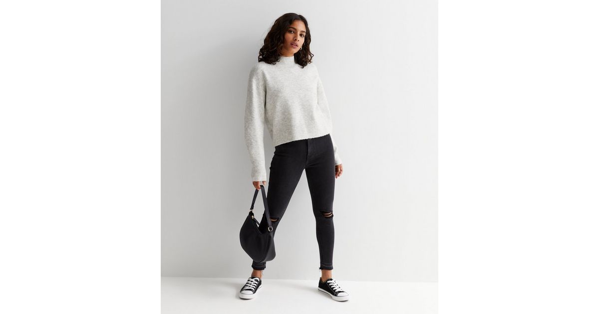 Petite Black Ripped Knee High Waist Hallie Super Skinny Jeans | New Look