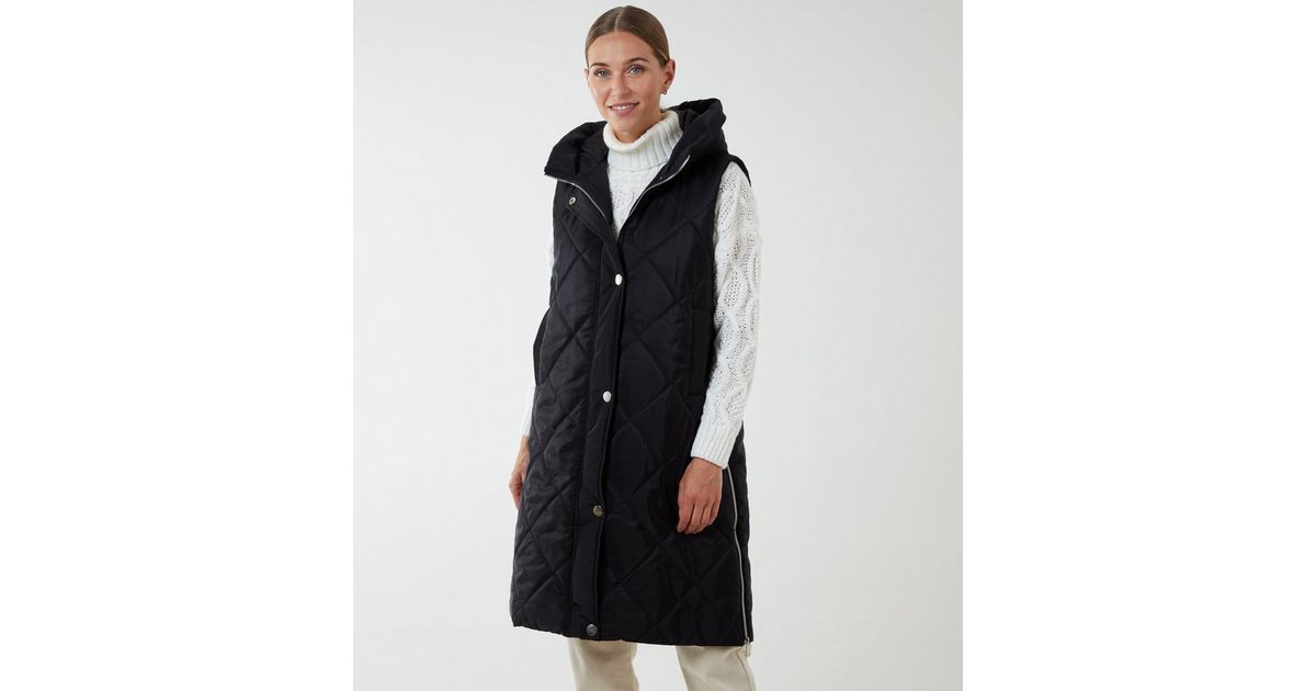 Blue Vanilla Black Diamond Quilted Long Hooded Gilet | New Look