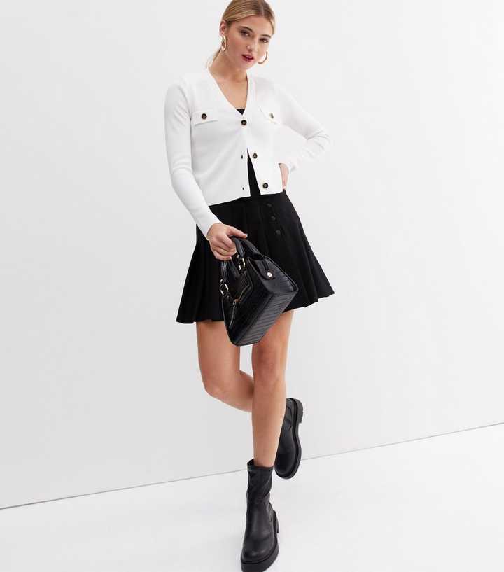 Cream Ribbed V Neck Button Front Padded Shoulder Cardigan | New Look