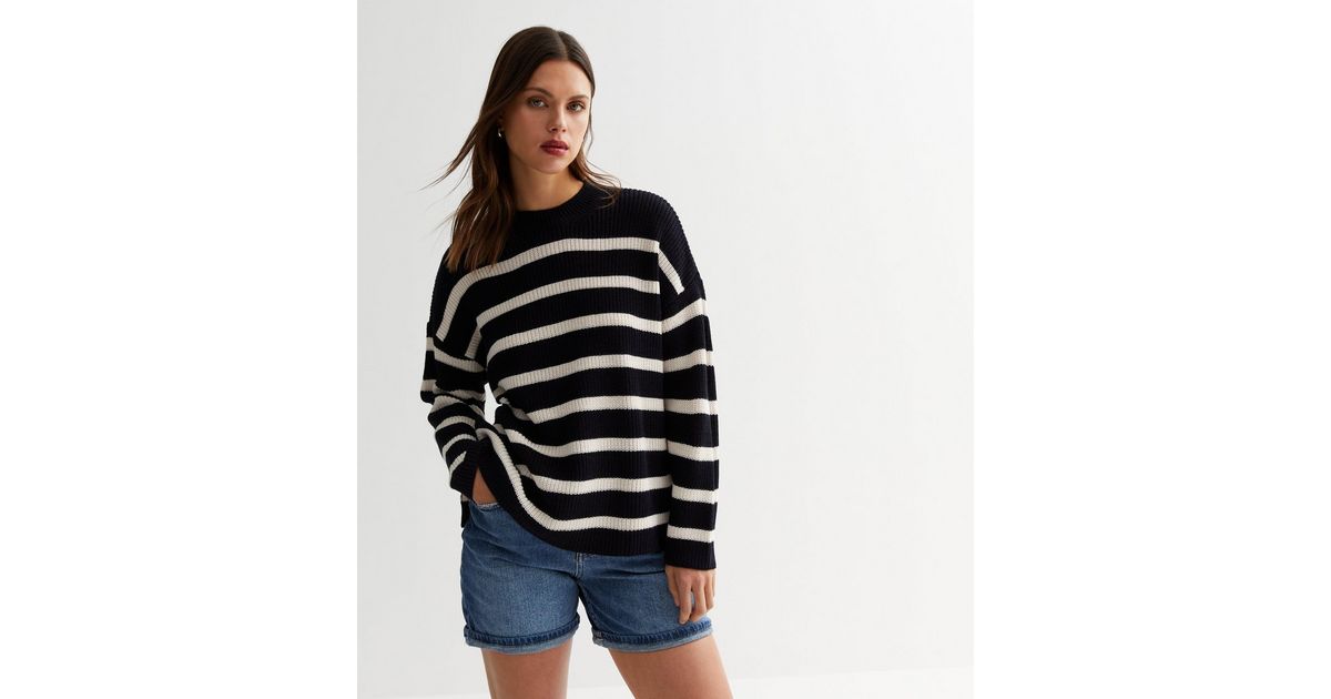 Navy Stripe Ribbed Knit Split Hem Jumper | New Look