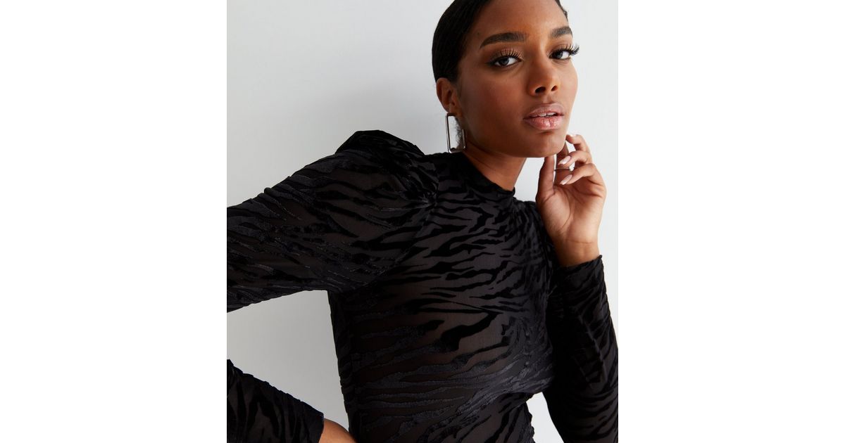 Black Devore High Neck Long Sleeve Bodysuit | New Look