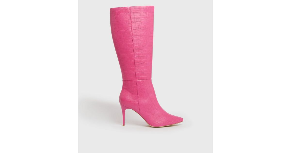 Bright Pink Faux Croc Stiletto Knee High Boots | New Look