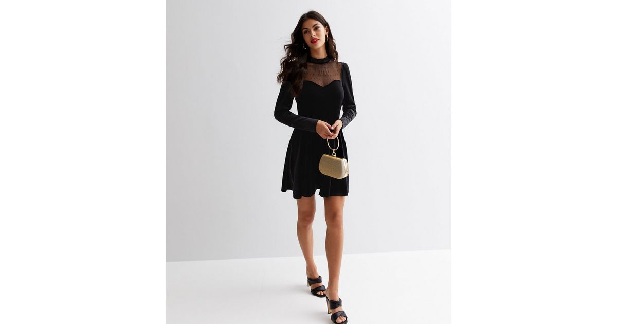 Black Velvet Mesh Sweetheart Neck Long Sleeve Mini Dress | New Look