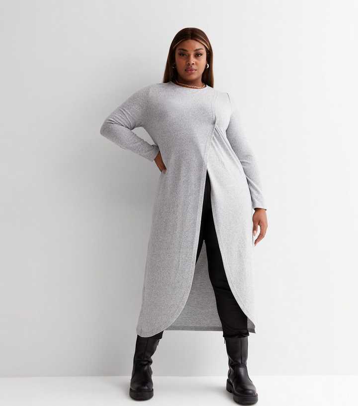 Curves Grey Fine Knit Round Neck Long Sleeve Long Wrap Top | New Look