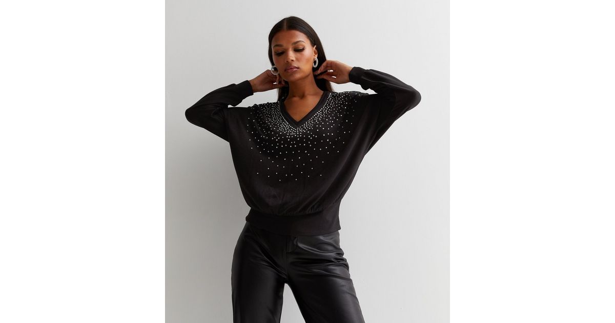 Black V Neck Scatter Embroidered Long Sleeve Jumper | New Look