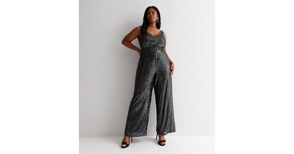 Curves Pewter Sequin Sleeveless Tie Waist Jumpsuit | New Look