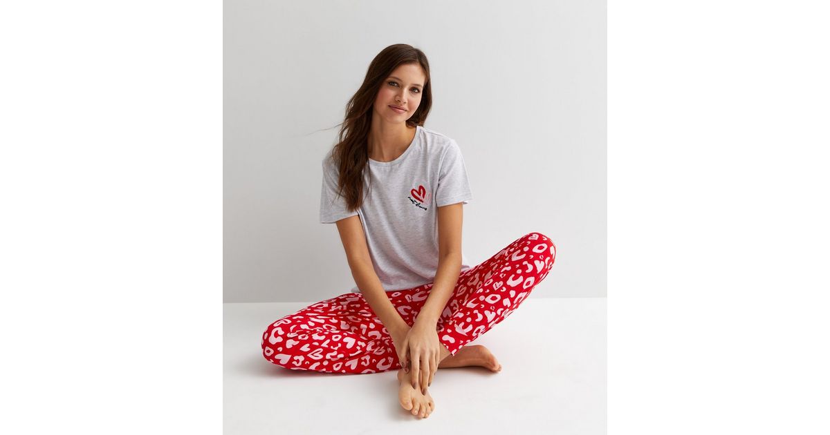 Light Grey Soft Touch Jogger Pyjama Set With Leopard Heart Print New Look