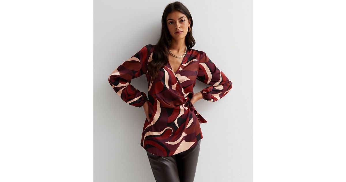 Red Abstract Satin Long Puff Sleeve Wrap Top | New Look
