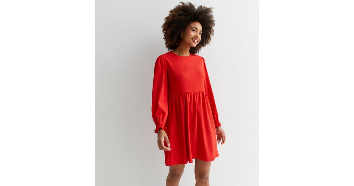 Red Crinkle Long Sleeve Mini Smock Dress | New Look