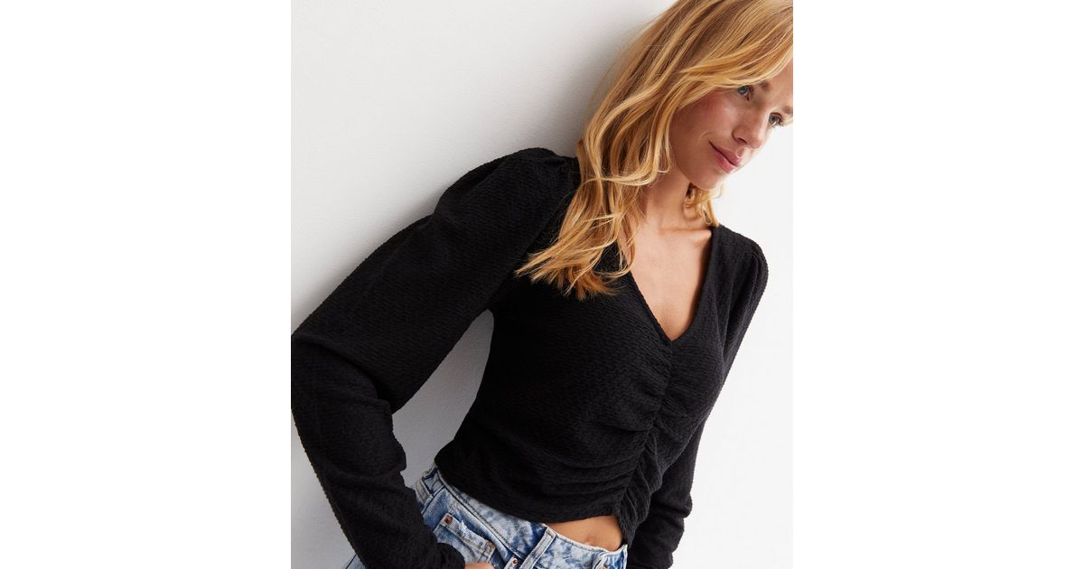 Black Textured Knit Ruched Long Sleeve Top | New Look