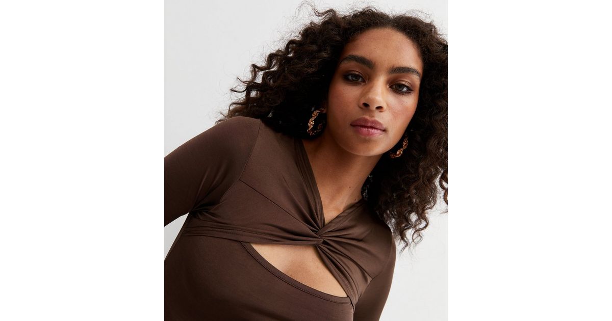 Dark Brown Twist Front Cut Out Long Sleeve Bodysuit New Look