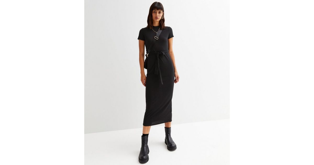 Black Ribbed Belted Midi Dress | New Look