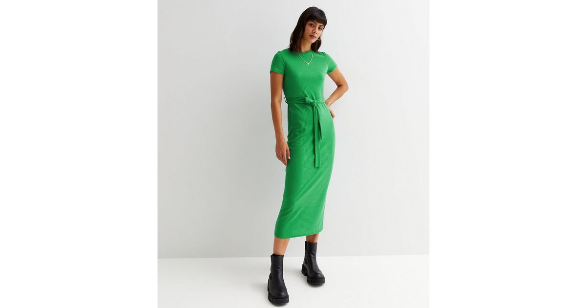 Green Ribbed Belted Midi Dress | New Look