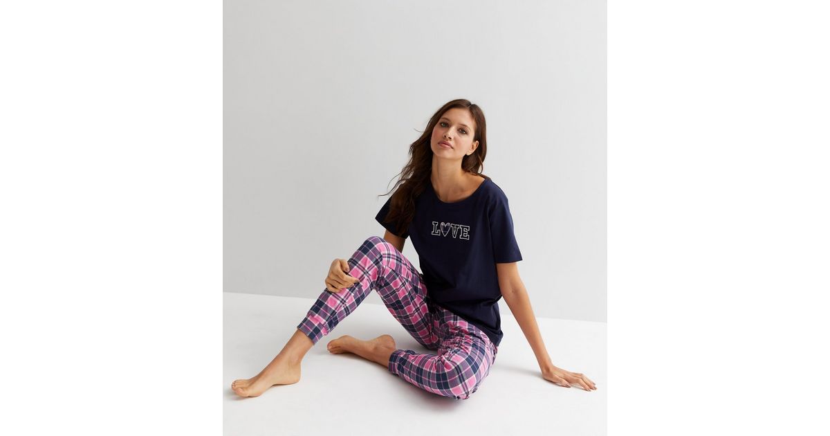 Navy Jogger Pyjama Set With Love Check Logo New Look