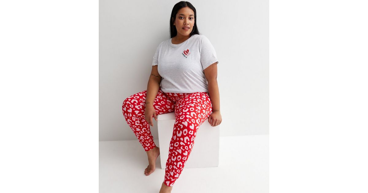 Curves Light Grey Soft Touch Jogger Pyjama Set with Leopard Heart Print ...