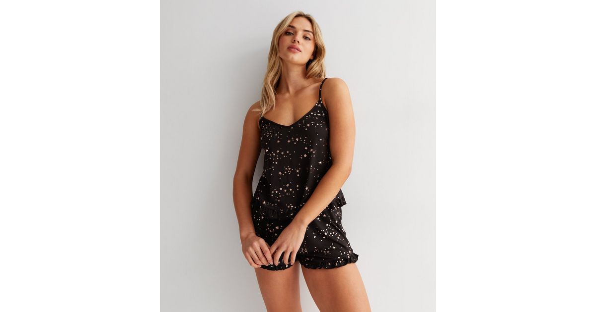 Black Soft Touch Short Pyjama Set With Metallic Star Print New Look