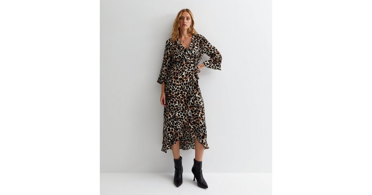 Gini London Stone Leopard Print Frill Midi Wrap Dress | New Look